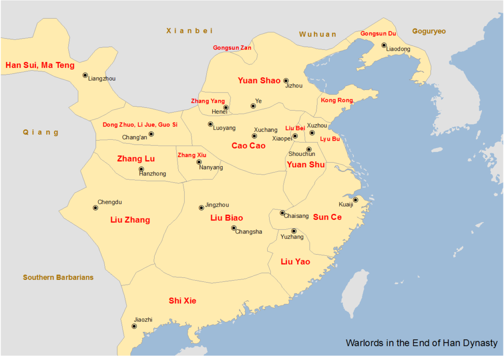 China: Map showing the major warlords of the Han dynasty in the 190s AD ...